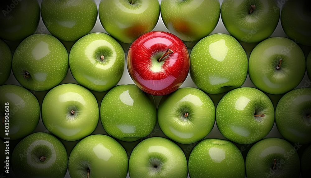 Extreme close-up of one beautiful red apple on top of a stack of many ...