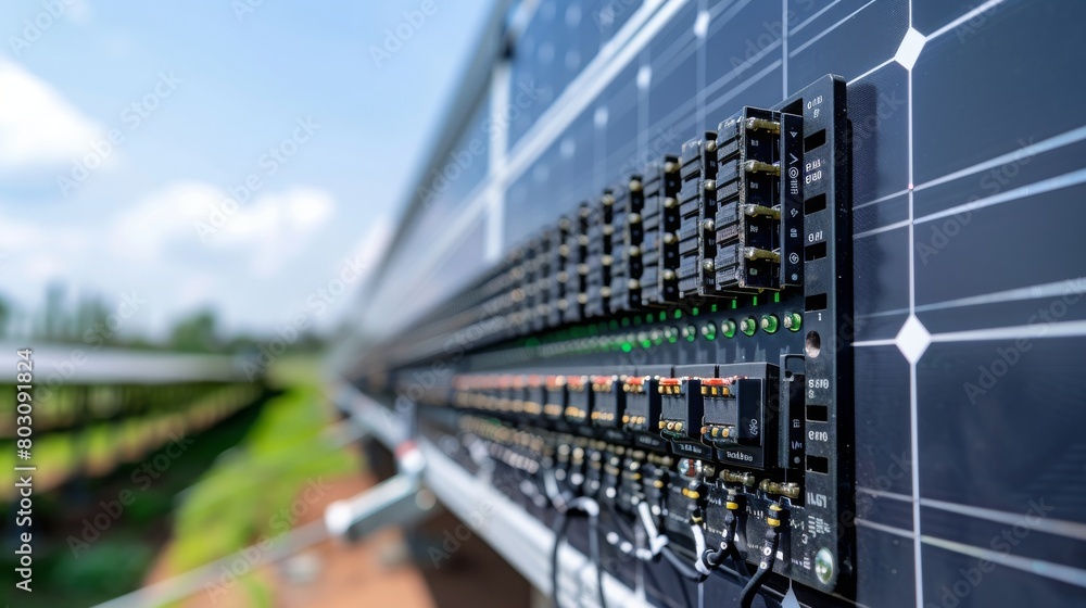 Solar junction box. A row of black diode blocks is mounted under the ...