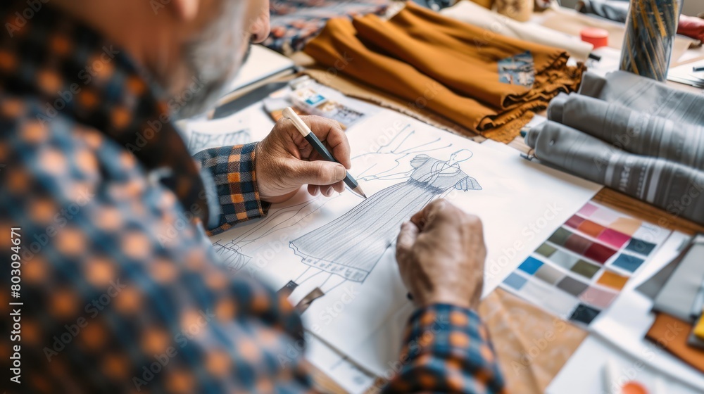 Fashion designer sketching and drawing fashion design concepts with a ...