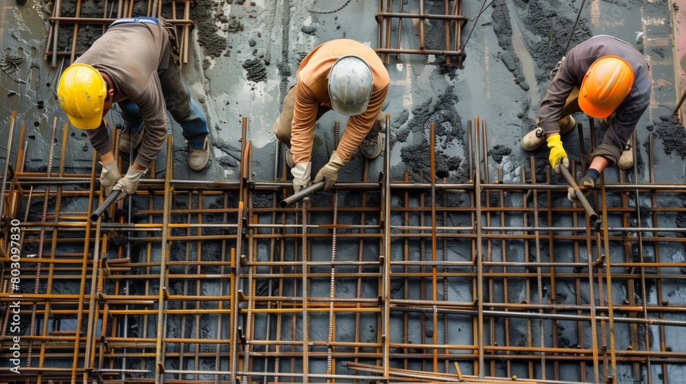 Three construction workers installing rebar at a construction site ...