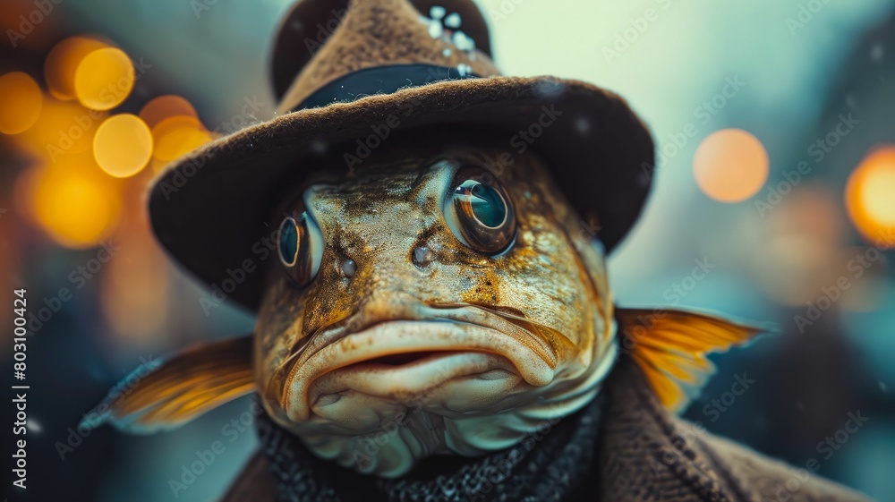 Sleek fish swims through the city currents, adorned in tailored ...