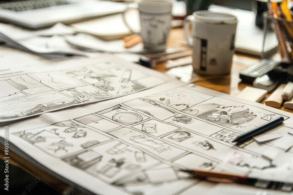 The storyboard planning phase of a stop-motion animation, with sketches ...