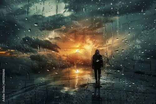 A figure standing in the rain, with the sun beginning to break through ...