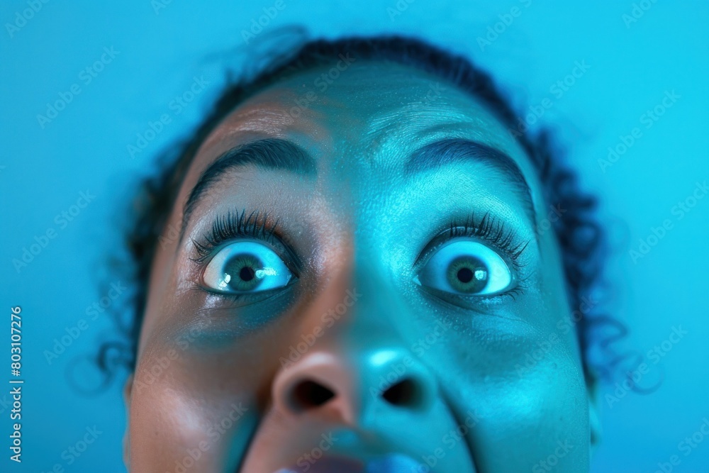 Surprised woman in shock looking up at camera portrait with shocked ...