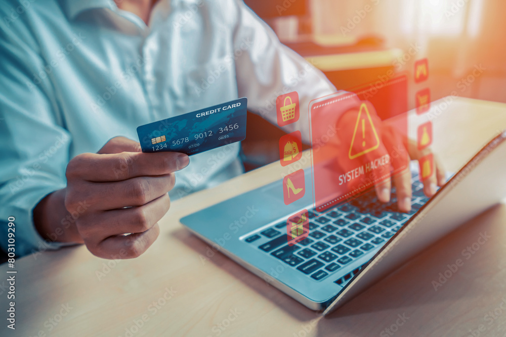 Customer watching hologram interface warn danger of credit card hacked ...