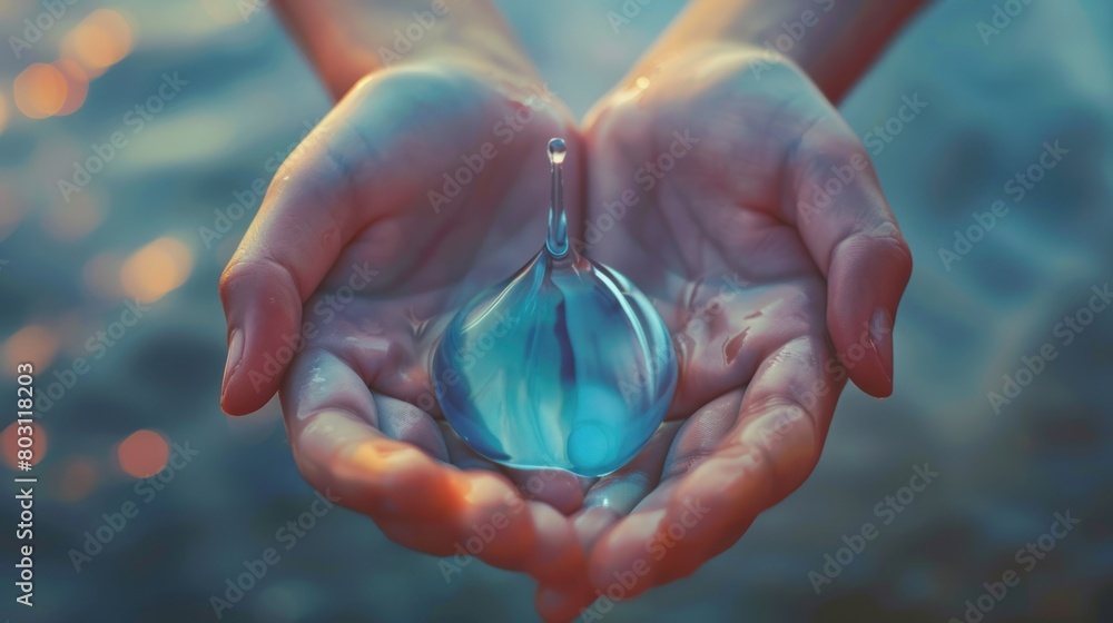 World Water Day, Portrait of hands holding a pristine water drop ...