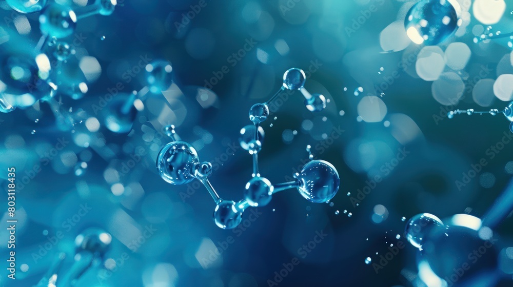 blue molecule atom structures suspended in a liquid serum background ...