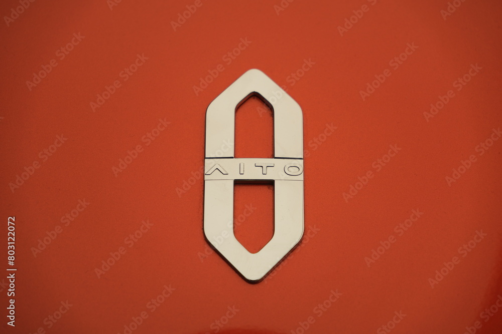 Wuhan,China-May 2nd 2024: close up AITO car logo. Chinese electric car ...