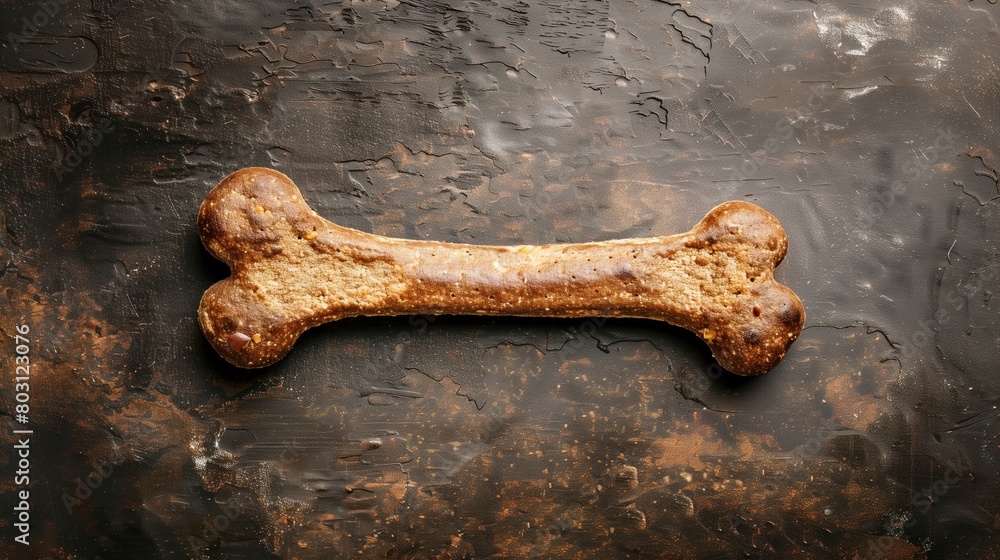 Large dog biscuit shaped like a bone lying on a dark, textured surface ...