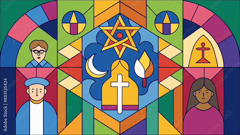 A beautiful stained glass window depicting symbols of different faiths ...