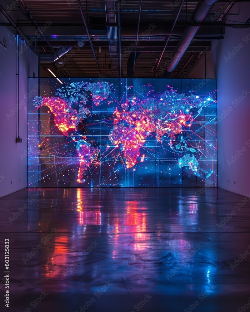A dimly lit digital room showcasing a vibrant world map of internet ...