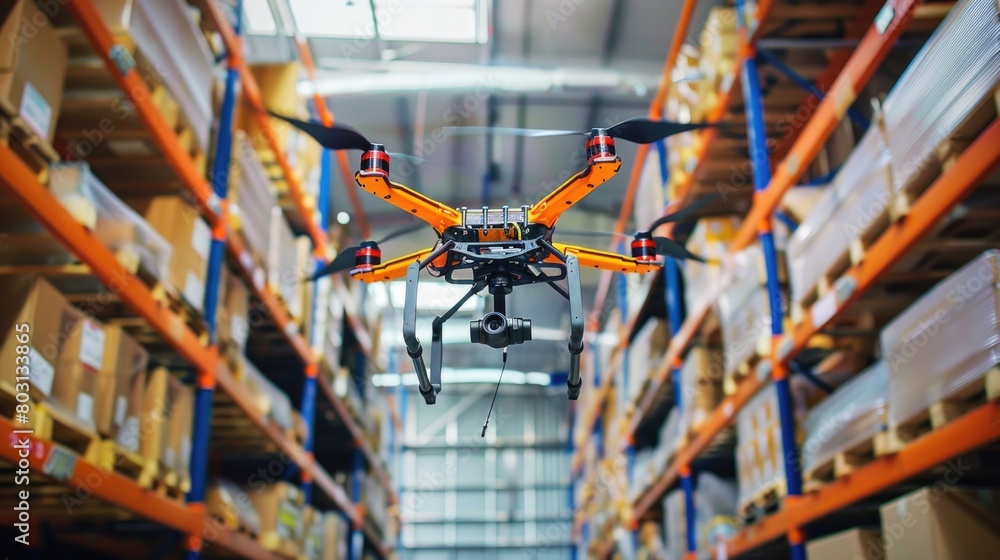 A drone equipped with AI technology for inventory management, scanning ...