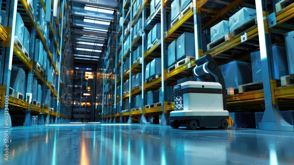 A robot picker retrieving items from a high-density storage system, with AI algorithms ...