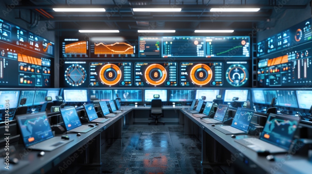 An AI-powered robotics control room, with multiple screens displaying real-time data and ...