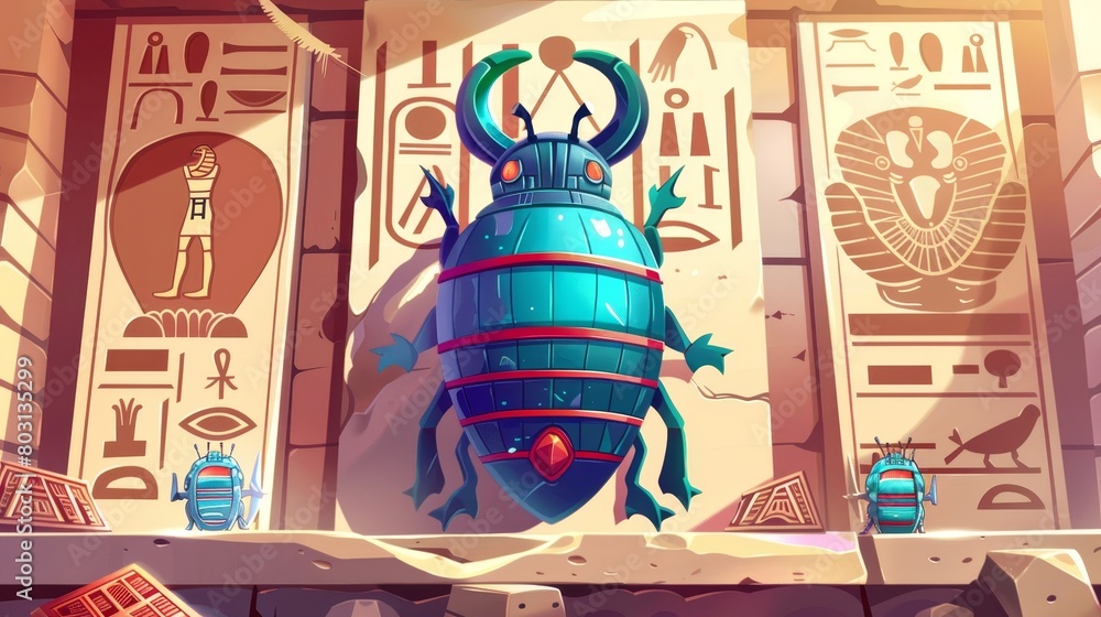 Ancient stone board or clay tablet with Egyptian hieroglyphs and scarab ...