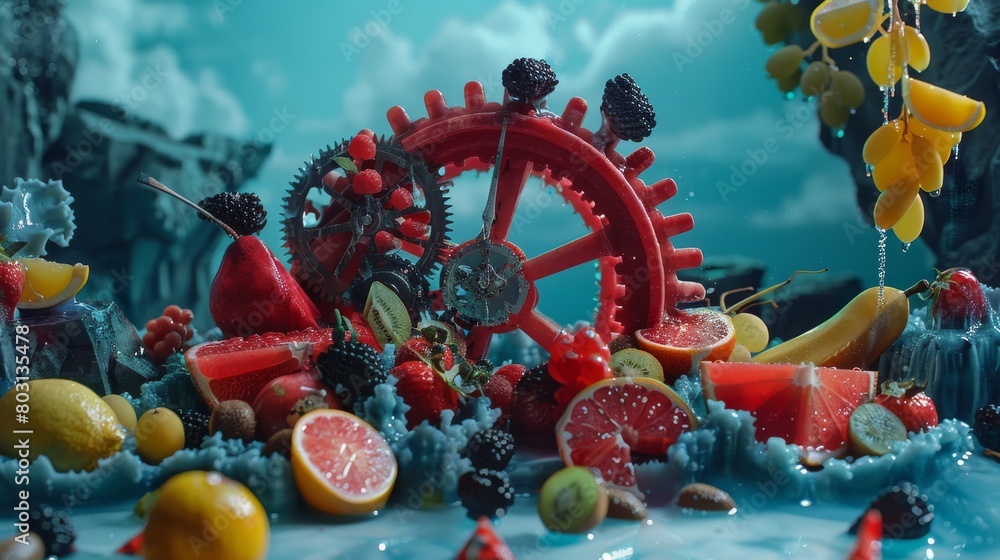 Whimsical still life photography of fruits, clock, and flying elements ...