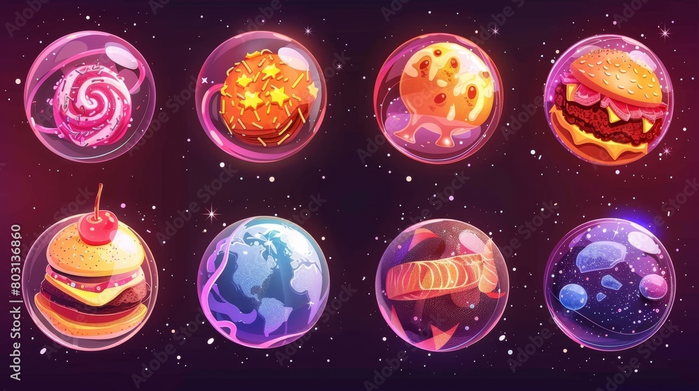 Cartoon cartoon set of funny food planets in outer space. Donut, jelly ...