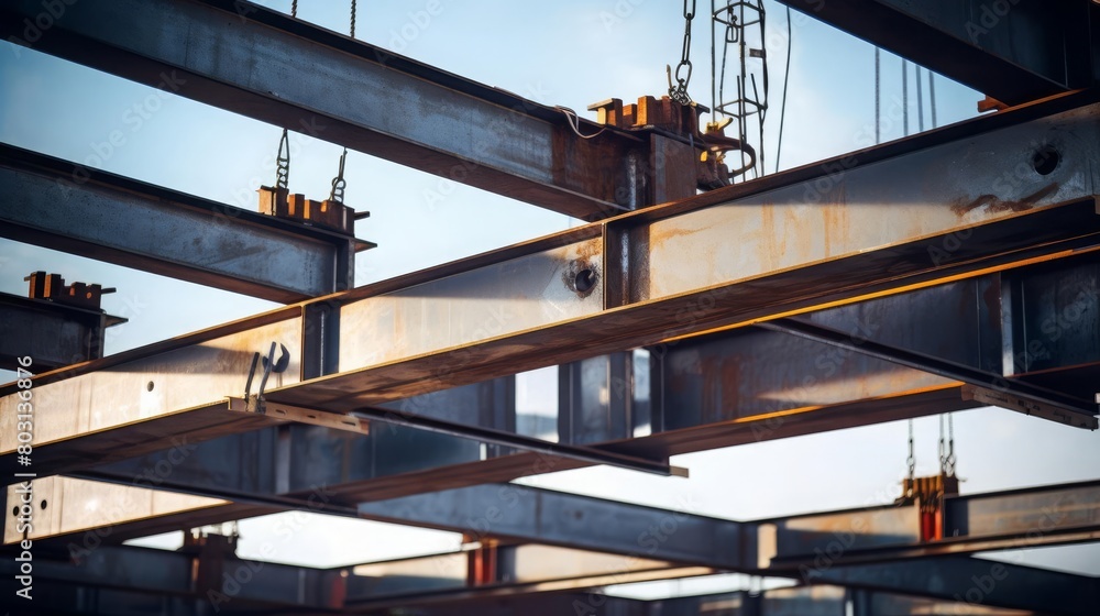 Closeup of steel beams and structural components being hoisted by a ...