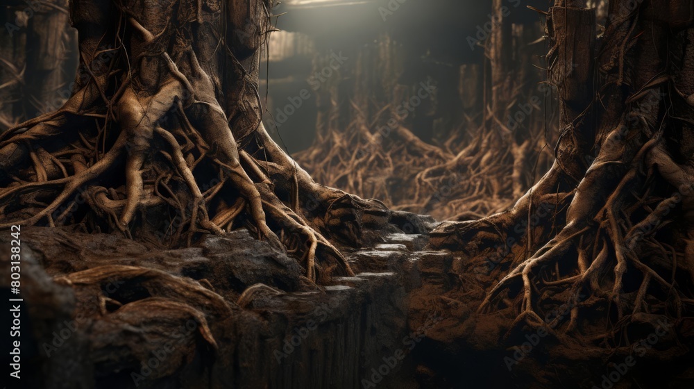 Detailed shot of tree roots affected by root rot, showing blackened ...