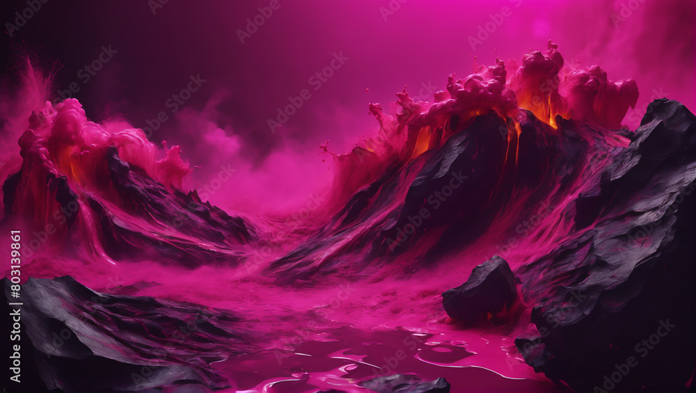 Scenes of liquid magma in intense shades of fiery fuchsia, cascading ...