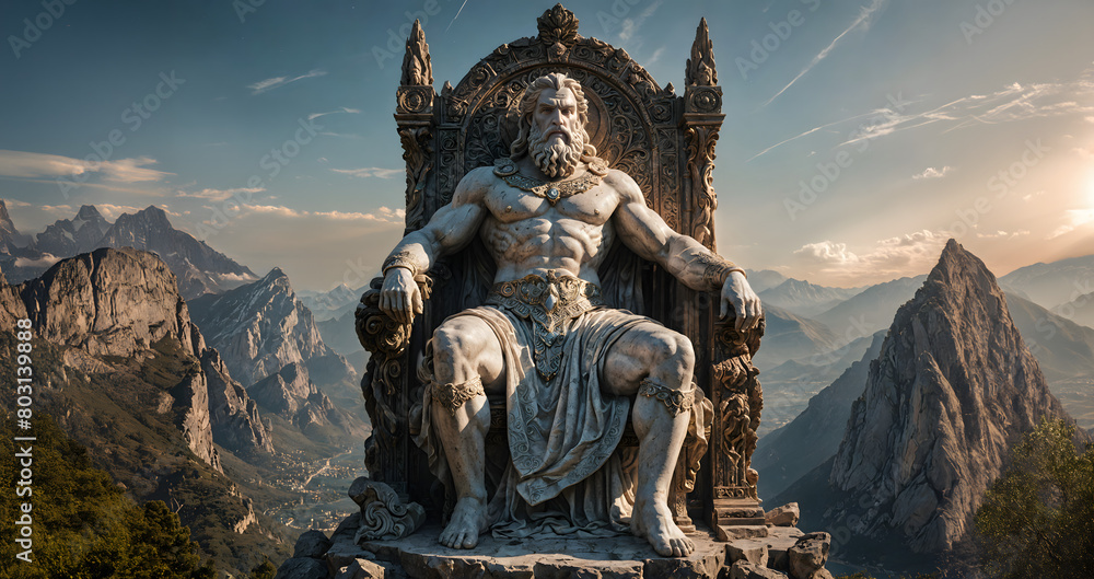 The majestic Statue of Zeus sits enthroned atop the craggy peak of ...