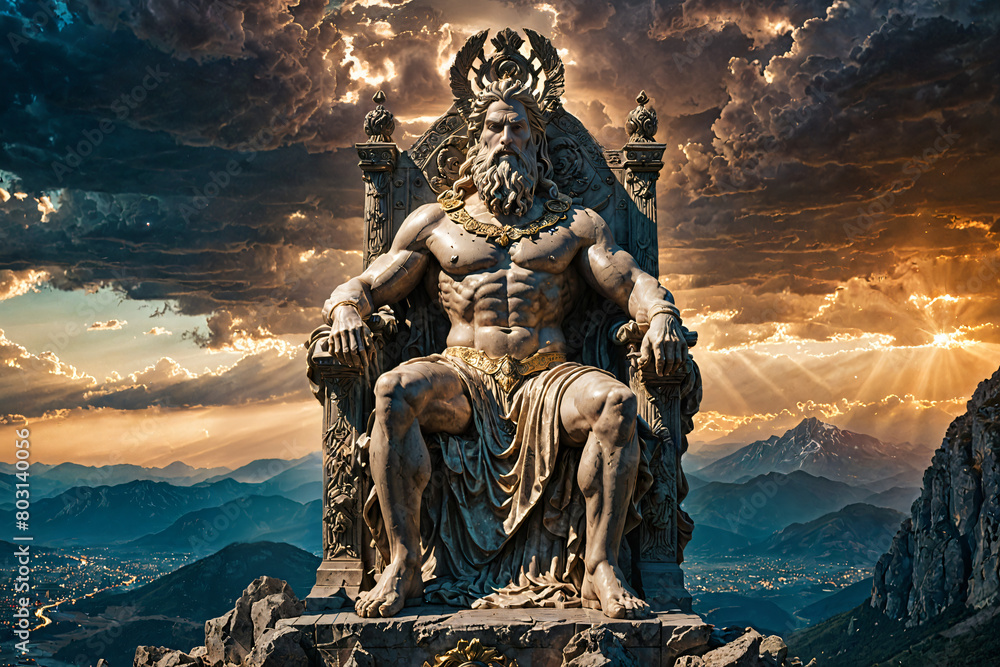 The majestic Statue of Zeus sits enthroned atop the craggy peak of ...