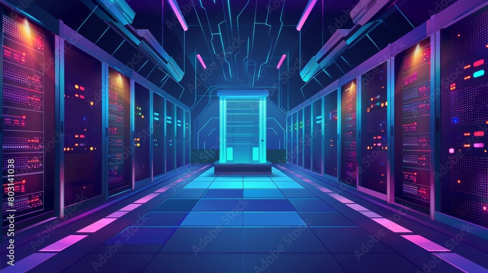 A modern cartoon depicting a future data center room with holograms of ...