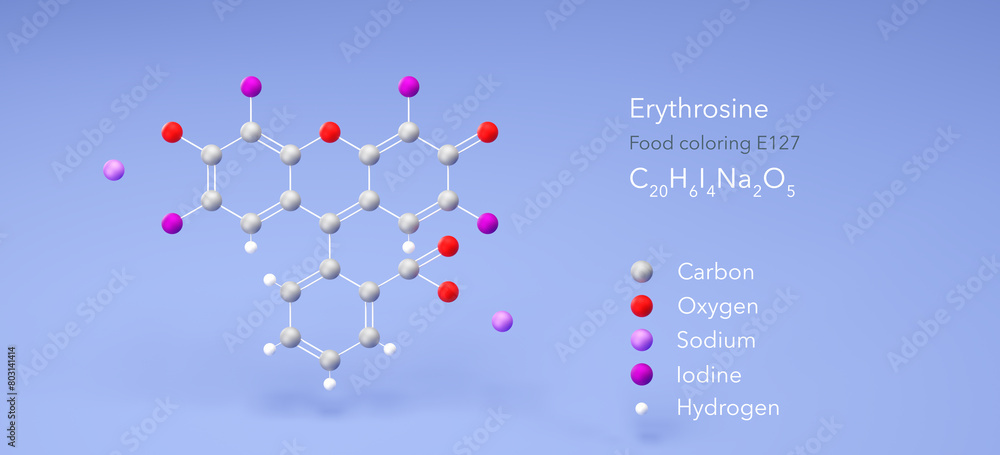 erythrosine molecule, molecular structures, food coloring e127, 3d ...