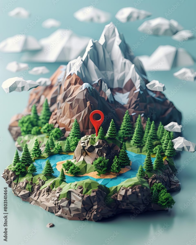 Create a digital low poly landscape featuring a location pin pointing ...