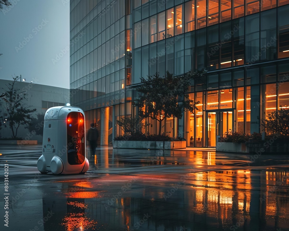 Autonomous security robot patrolling a corporate campus at night ...
