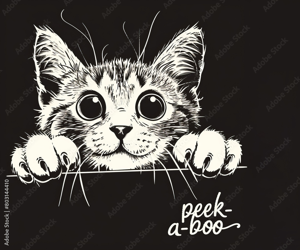 Adorable playful cat peeking with a curious expression on a dark ...