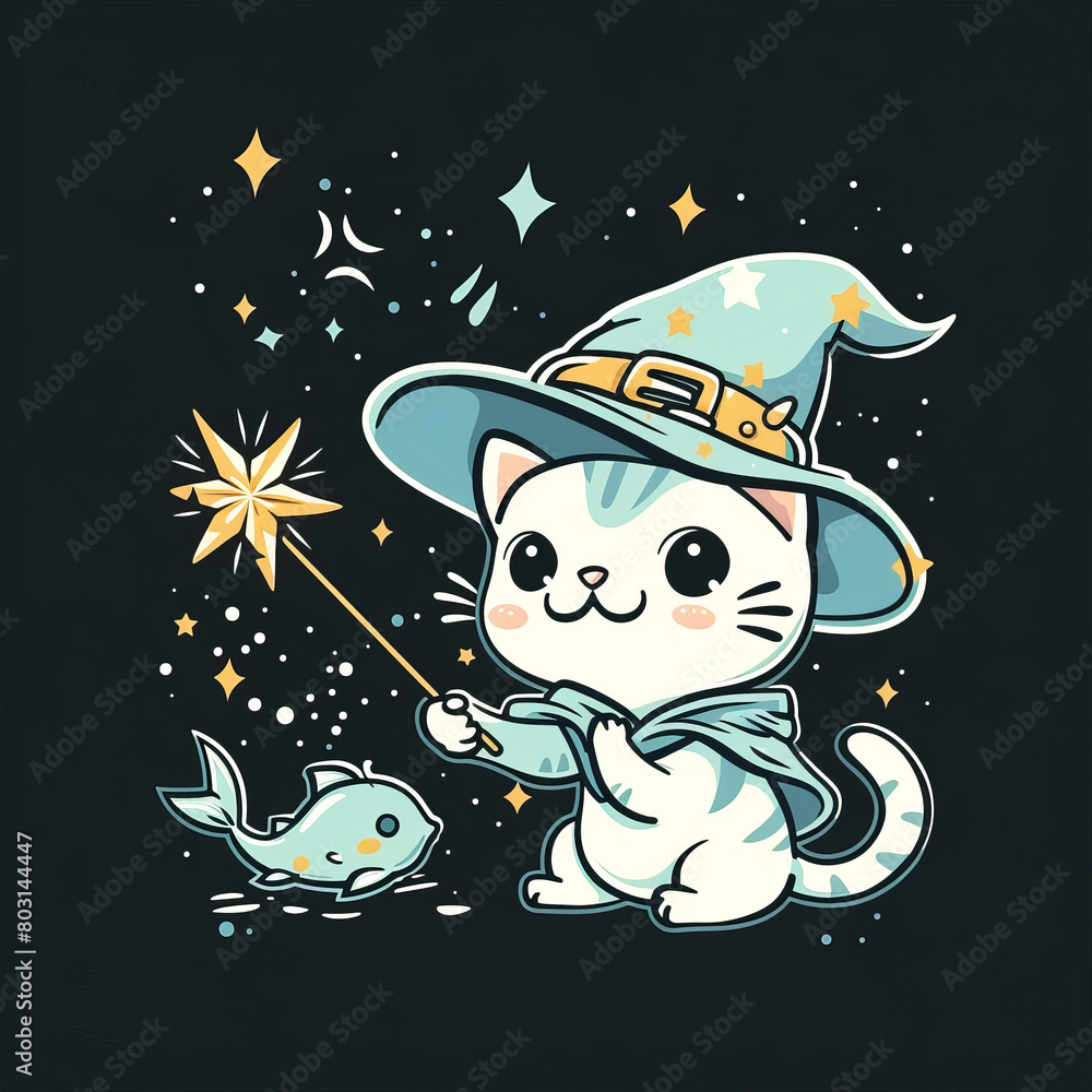 Adorable kawaii cat wizard casting a spell with a magic wand Stock ...