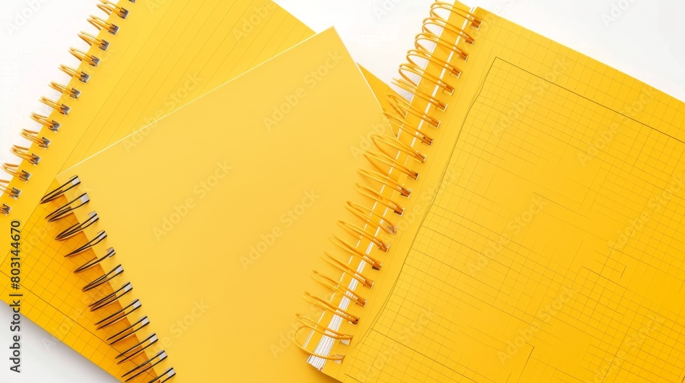Modern realistic mockup of yellow notepads with spiral wire binders and ...