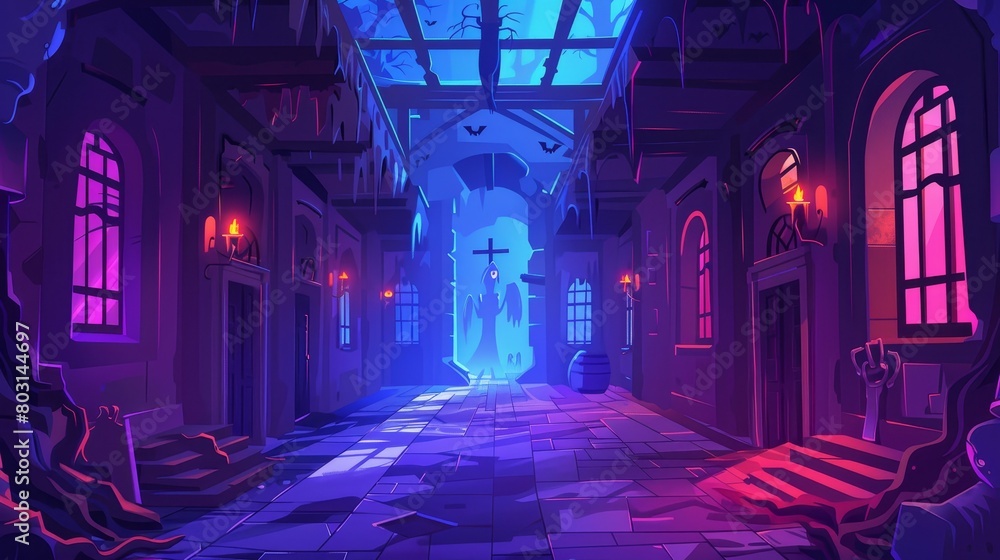 Halloween cartoon flyers with costumes and cocktails. Abandoned hall ...