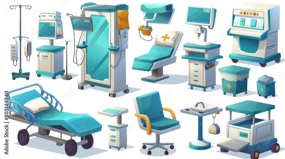 Clinic ward or chamber interior stuff isolated hospital items bed, life ...