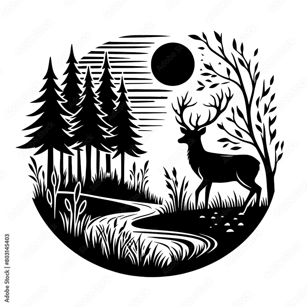 Deer Forest svg, Deer svg, Dear Trees svg, Forest scene svg, Deer cut ...