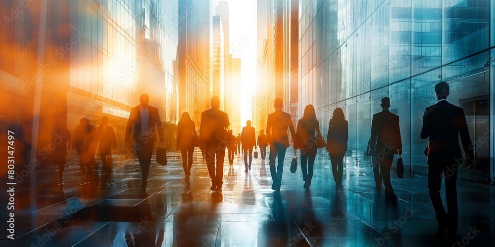 Bustling city life captured with walking pedestrians and the concept of ...