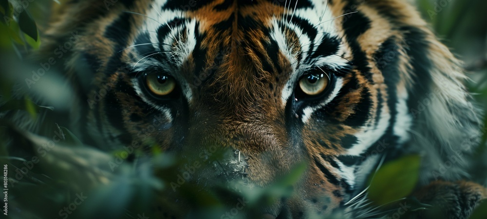 An extreme close-up wide shot captures the mesmerizing gaze of a tiger ...