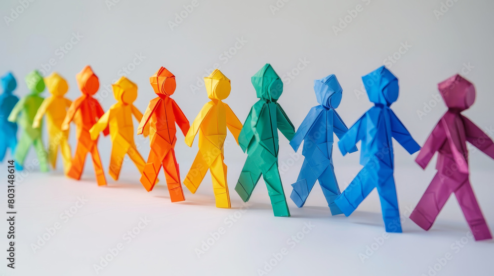 Colorful paper dolls in a row symbolizing unity and diversity on a ...