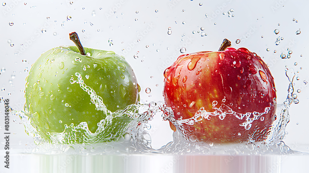 one green apple and one red apple exploding on the water, with soda ...