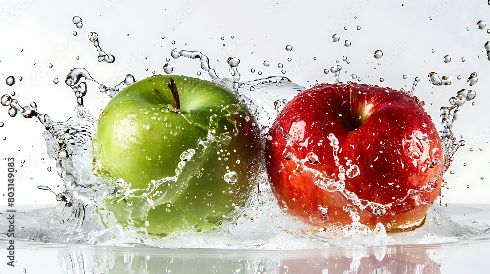 one green apple and one red apple exploding on the water, with soda ...