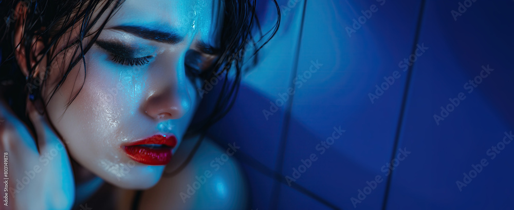 Sad young woman crying in bath tub under shower waterfalls with copy ...