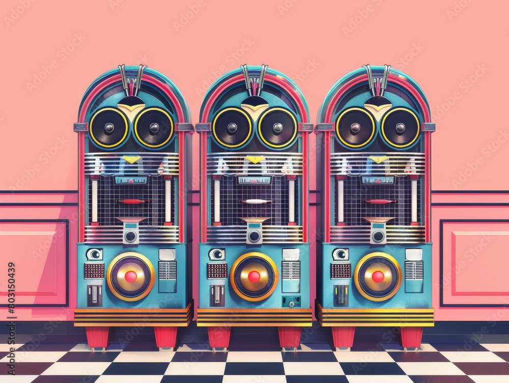 Colorful retro-inspired jukeboxes with bold pop art design Stock Photo ...