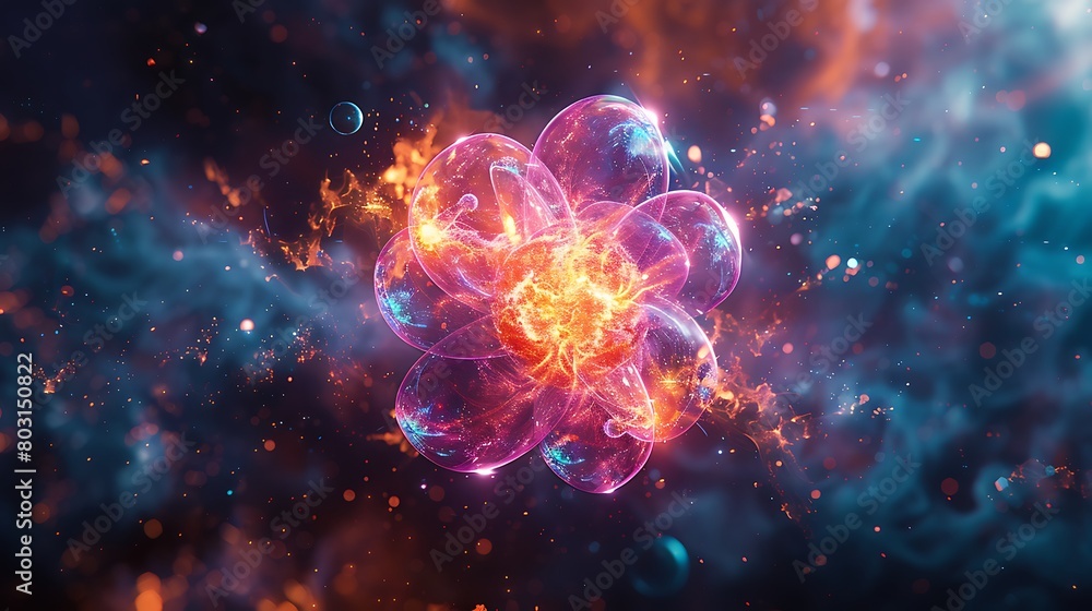 Depict a highly stylized model of an atom, with electrons spinning ...