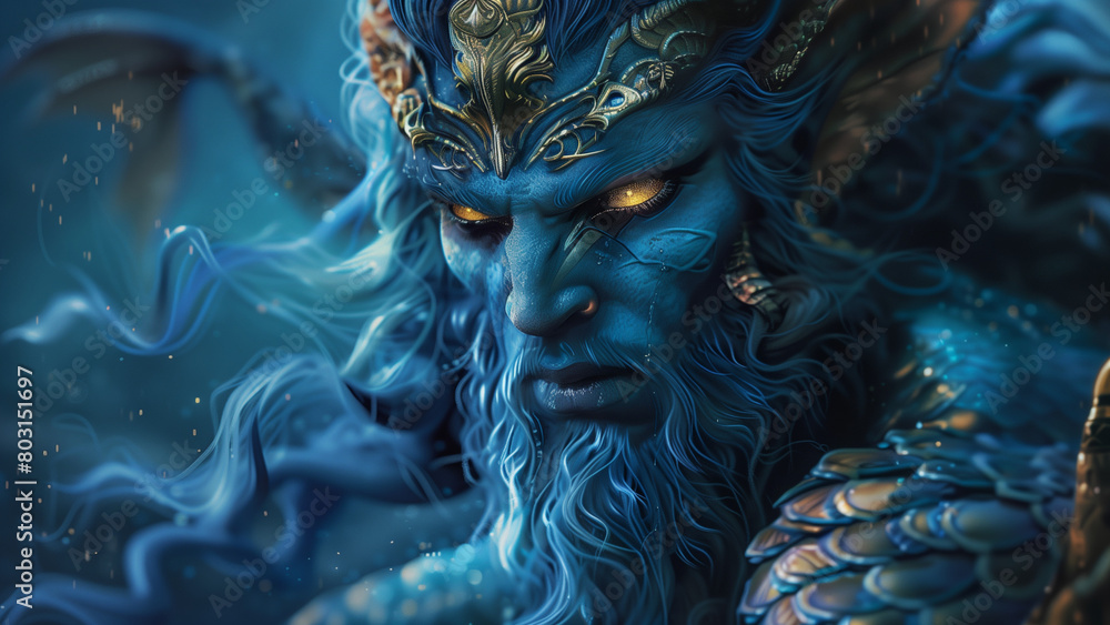Handsome blue male sea god with golden eyes and scales, in the fantasy ...