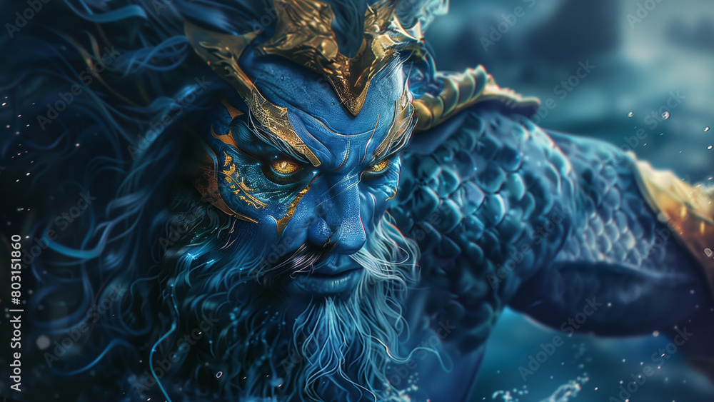 Handsome blue male sea god with golden eyes and scales, in the fantasy ...