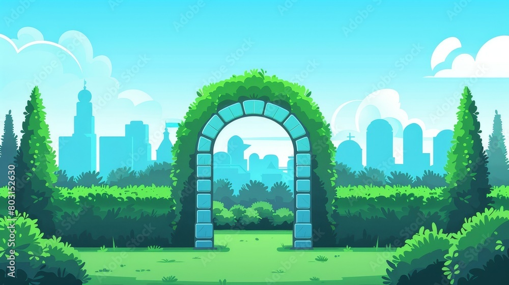 Summer landscape with stone arch entrance to park, green hedge and city ...