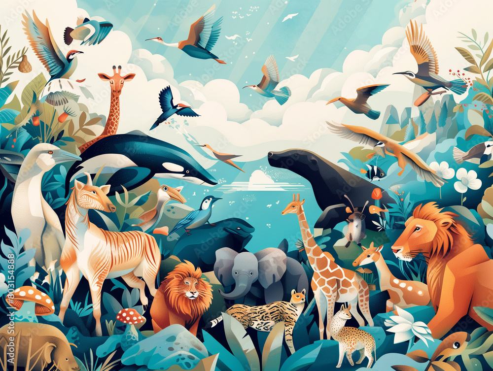 Biodiversity background with animals Stock Illustration | Adobe Stock