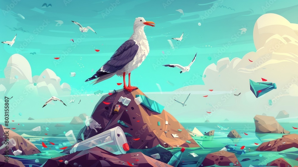 A cartoon illustration of nature pollution and wild animals surrounded ...