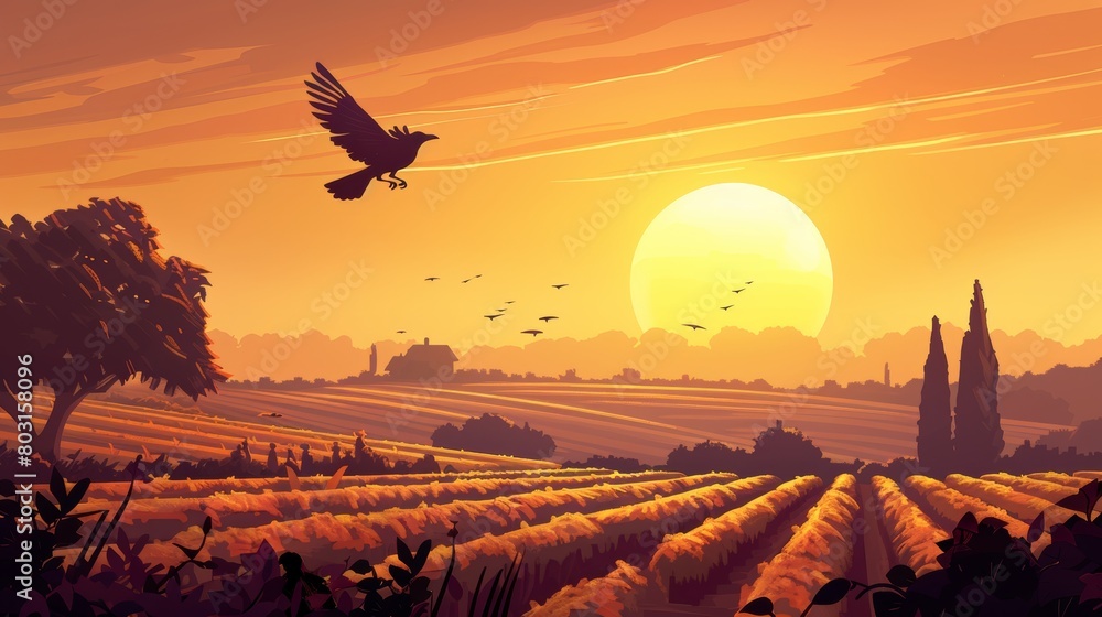 At sunset, there is a rural landscape with a flock of ravens flying ...